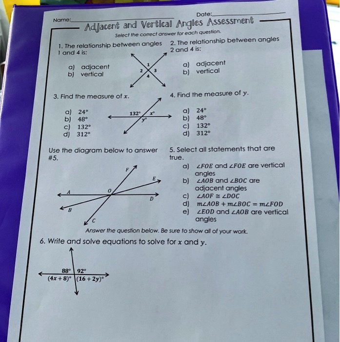 SOLVED: Date: Name: ajacent and Vertical Angles Aosessrent Select the ... SOLVED: Date: Name: ajacent and Vertical Angles Aosessrent Select the ...