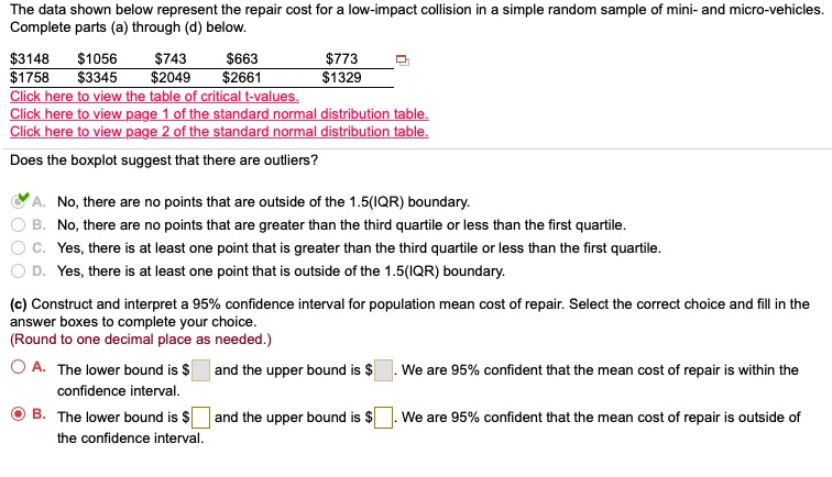 SOLVED: The data shown below represent the repair cost for = low-impact collision in simple ...