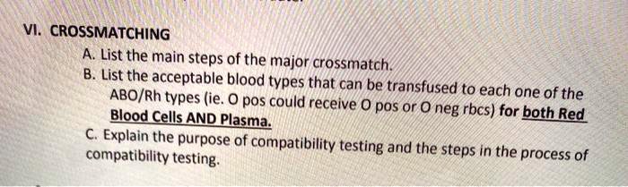 SOLVED:VI: CROSSMATCHING A List the main steps of the major crossmatch ...
