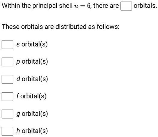 SOLVED: Within the principal shell n = 6, there are: - 2s orbital(s ...