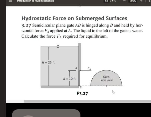 SOLVED: Hydrostatic Force on Submerged Surfaces 3.27 Semicircular plane gate AB is hinged along ...