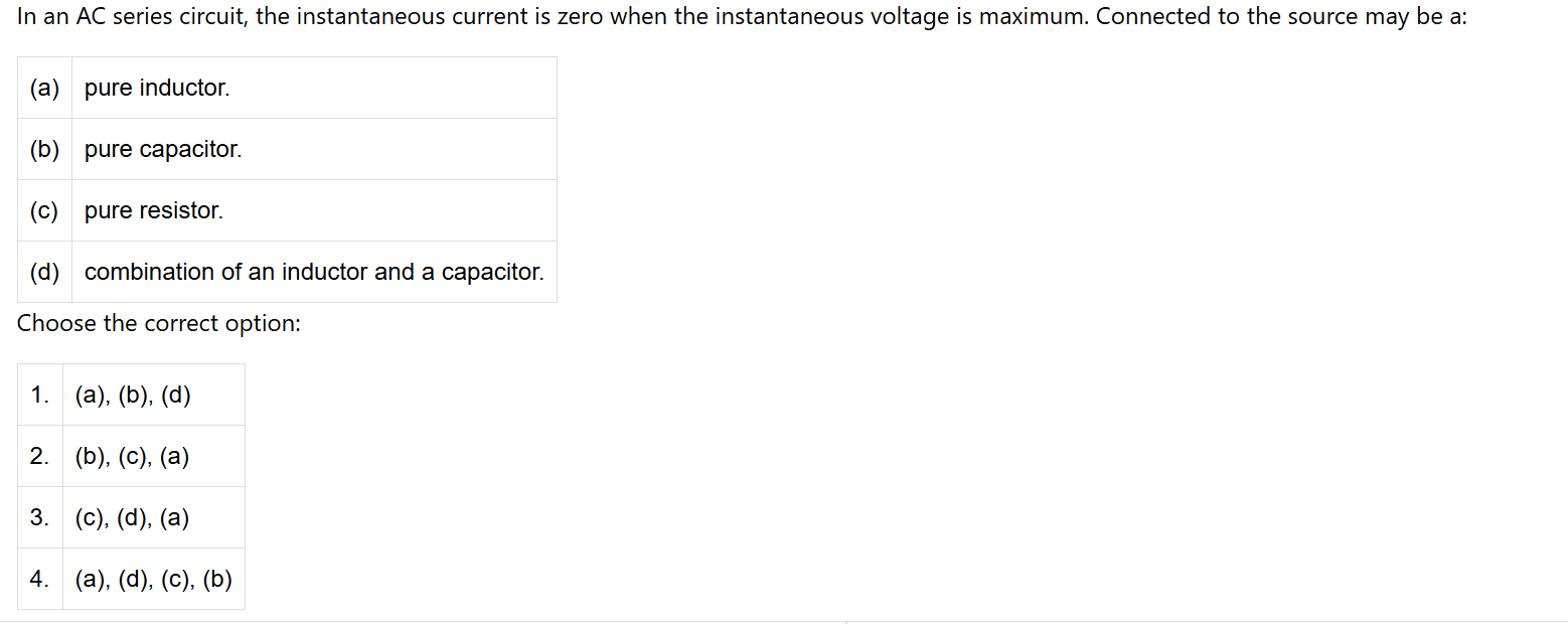 In an AC series circuit, the instantaneous current is zero when the ...