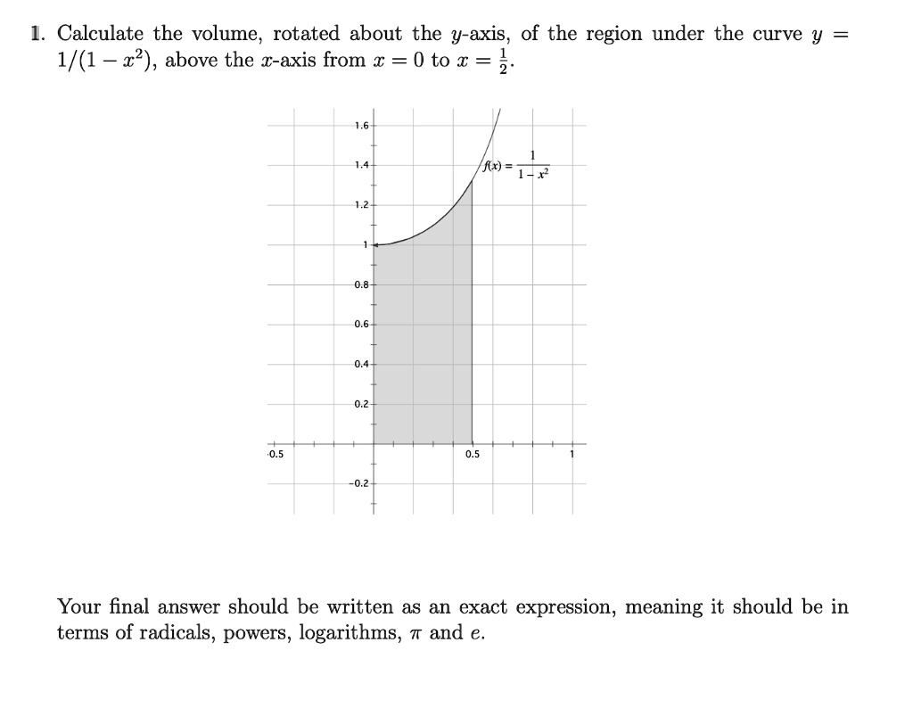 SOLVED: Calculate the volume; rotated about the y-axis, of the region ...