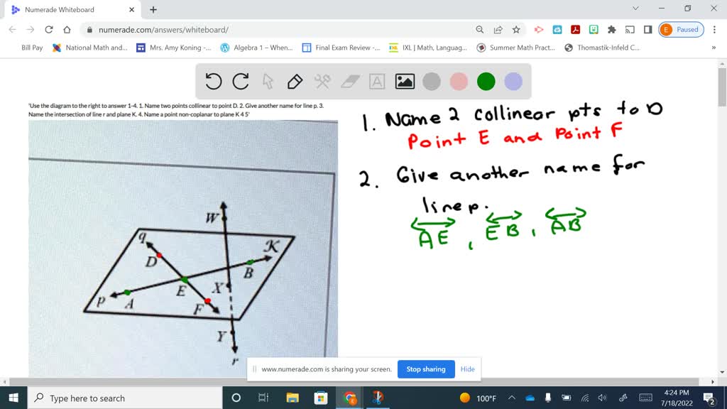 SOLVED: 'Use the diagram to the right to answer 1-4. 1. Name two points collinear to point D. 2 ...