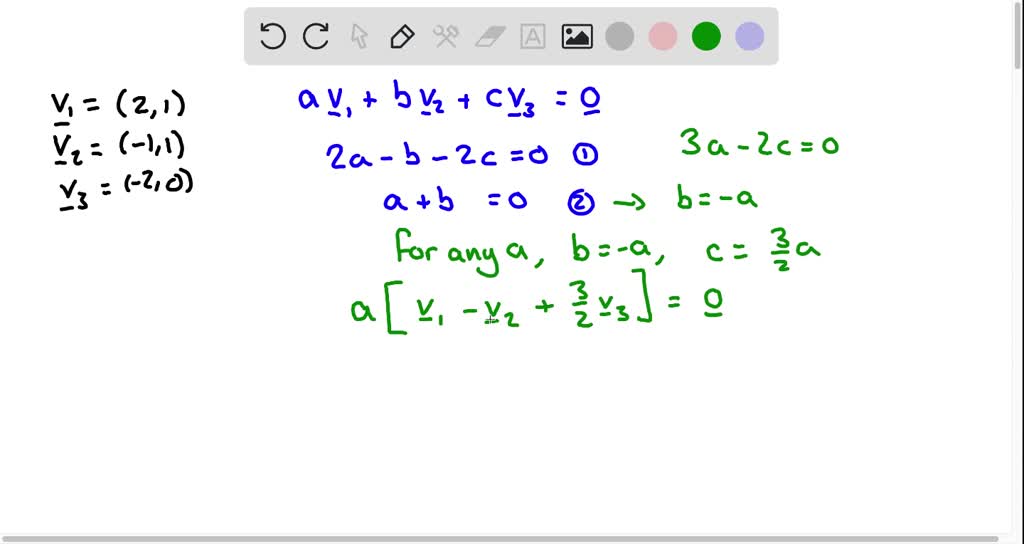 SOLVED: Consider the vectors Vq (2,1), Vz = (-1,4) , Vs (-2,0) . Can YOu write 0 (0,0) as linear ...