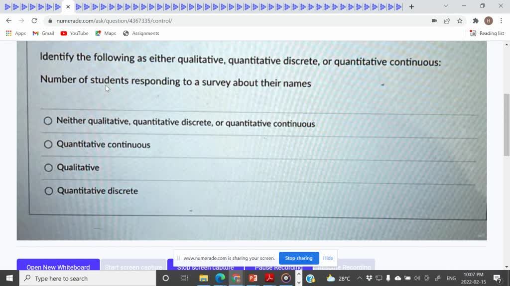 SOLVED: Classify the variable as qualitative or quantitative and discrete or continuous. The ...