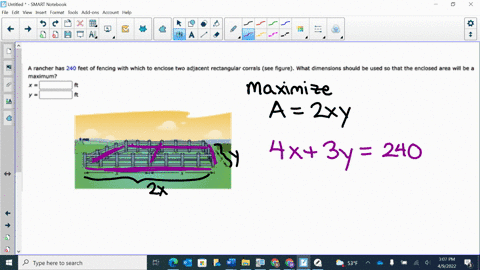 A rancher has 400 feet of fencing with which to enclose two adjacent ...