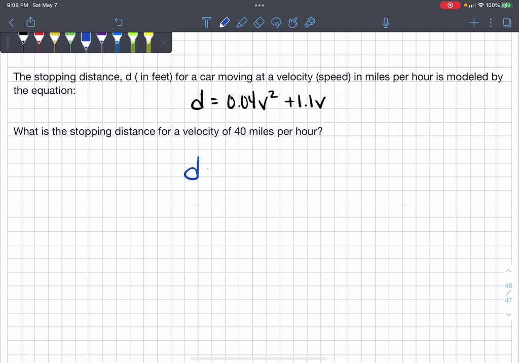 SOLVED: The stopping distance, d ( in feet) for a car moving at a ...