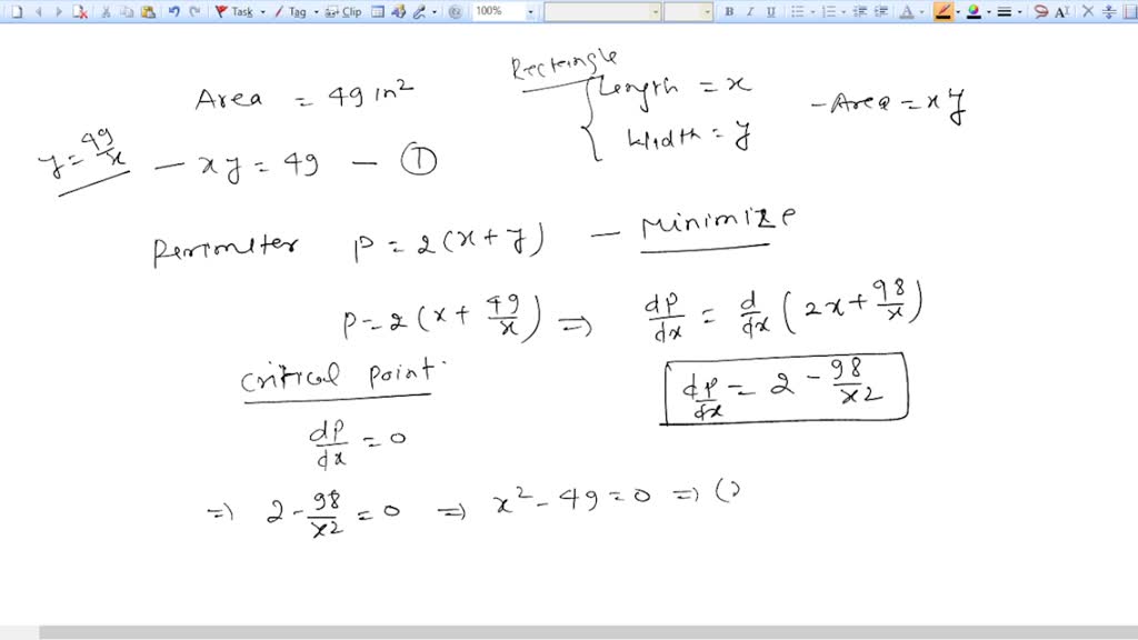 SOLVED: Find the smallest perimeter and the dimensions for a rectangle ...