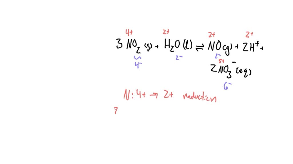 SOLVED: In the reaction 3NO2(g) + H2O = NO(g) + 2H^+(aq) + 2NO3^-(aq ...