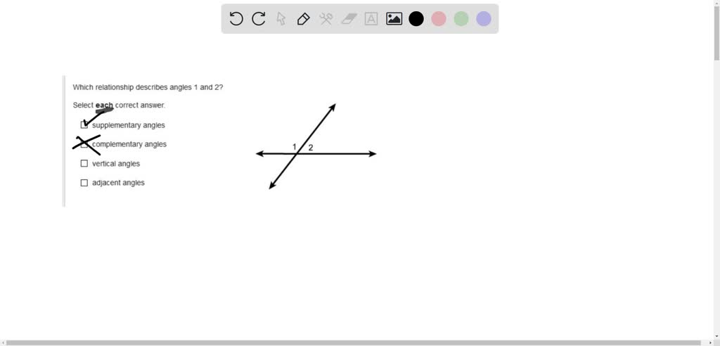 SOLVED: HELP ASAP PLEASEEEEEE Which relationship describes angles and 2? Select each correct ...