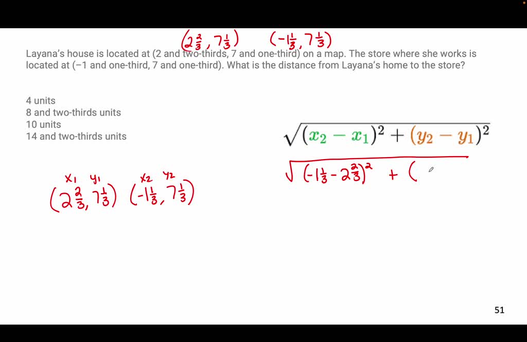 SOLVED: Layana's house is located at (2 and two-thirds, 7 and one-third ...