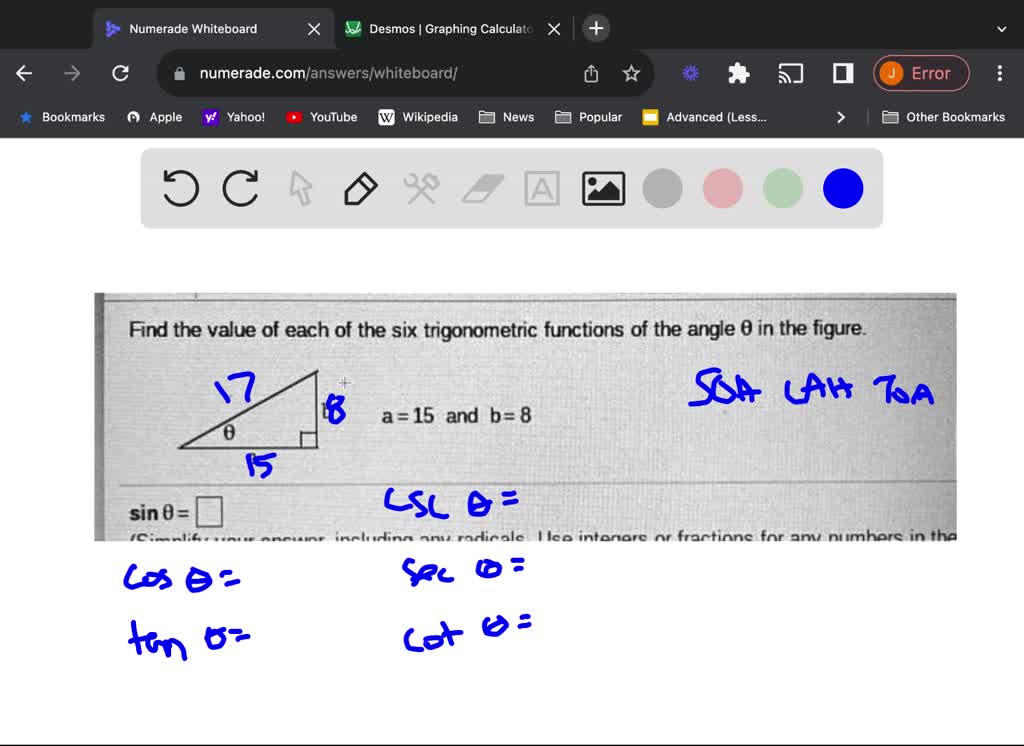 SOLVED: Find the value of each of the six trigonometric functions of the angle 0 in the figure ...