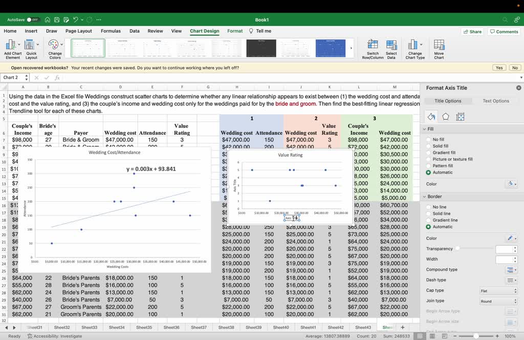 SOLVED: Using the data in the Excel file "Weddings", construct scatter charts to determine ...
