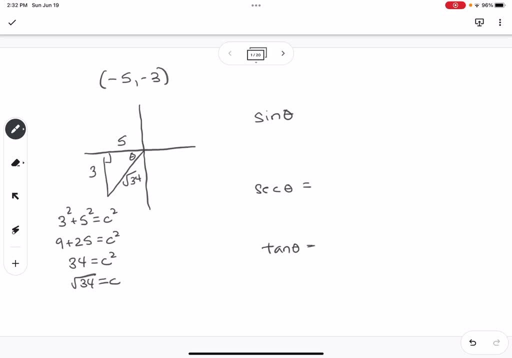 SOLVED: Let (-5, -3) be a point on the terminal side of Î¸. Find the ...