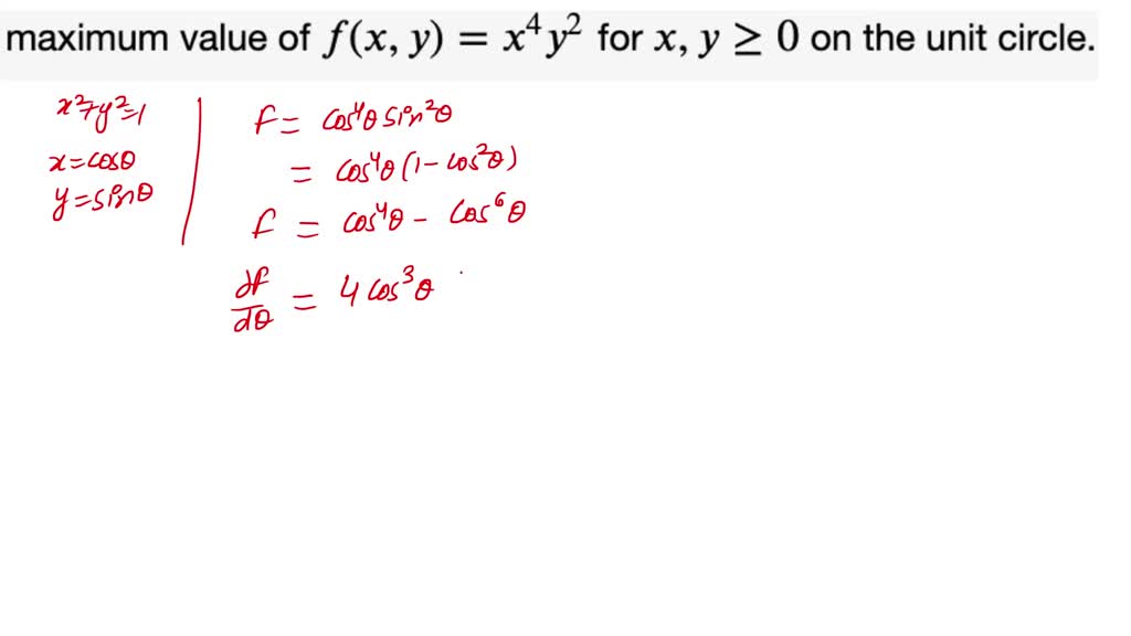 SOLVED: Problem 5. (1 point) Find the maximum value of f(x,y) = x2y3 ... SOLVED: Problem 5. (1 point) Find the maximum value of f(x,y) = x2y3 ...