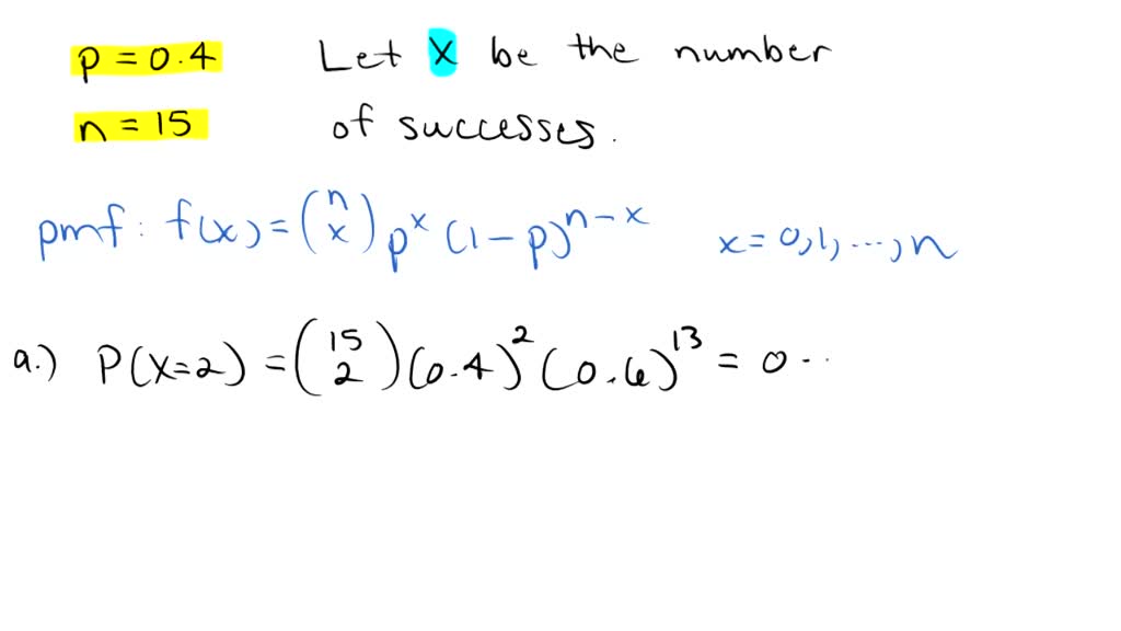SOLVED: Determine the indicated probability for a binomial experiment with the given number of ...