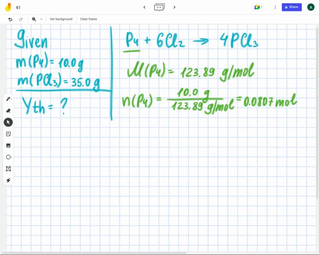 SOLVED: A student carried out the reaction shown by reacting 10.0g P4 with excess Cl2 and ...