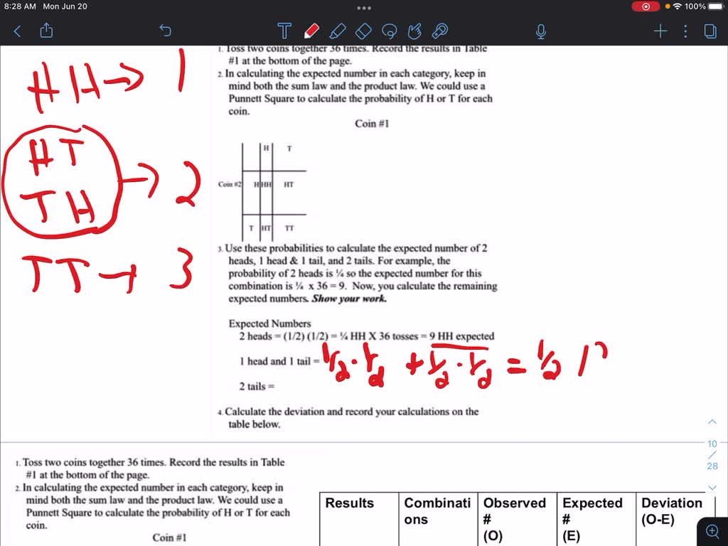 SOLVED: Toss two coins together 36 times. Record the results in the table at the bottom of the ...