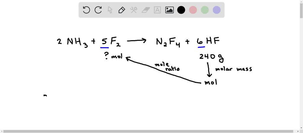 SOLVED: C. 2 NH3 + 5 F2 N2F4 + 6 HF The mole ratio of NH3 and F2 Is 2:5 ...