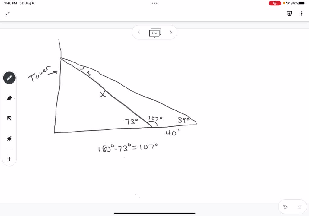 SOLVED: A guy wire to a tower makes a 73 degree angle with level ground ...