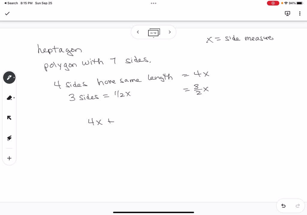 SOLVED: A heptagon has a perimeter of 99 feet. Four of the sides are ...