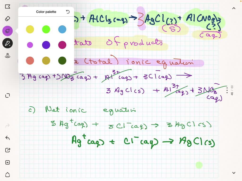SOLVED: 1. For the reaction AgNO3 (aq) + AlCl3 (aq) AgCl (?) + Al(NO3)3 ...