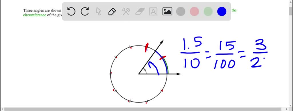 Three angles are shown below. For each angle, determine the measure of the arc subtended by the ...