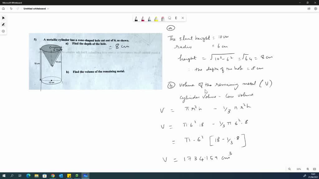 SOLVED: A metallic cylinder of radius 3cm and height of 5cm. To reduce its weight a conical hole ...