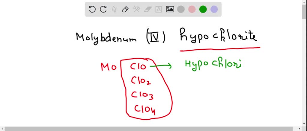 SOLVED: The correct formula for molybdenum(IV) hypochlorite is Mo(ClO4)4 MoCl4 Mo(ClO2)4 Mo(ClO3 ...