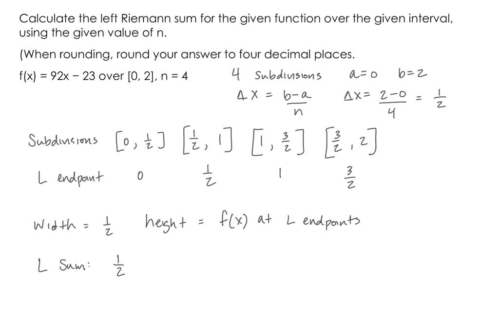 SOLVED: Calculate the left Riemann sum for the given function over the given interval, using the ...