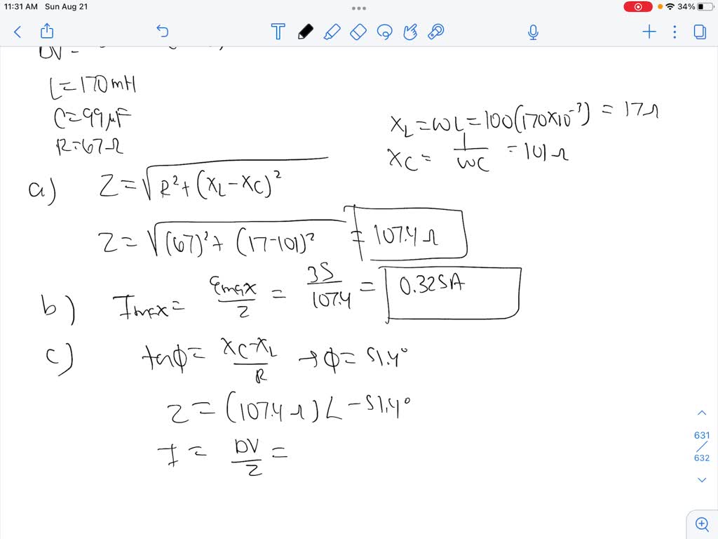 SOLVED: A sinusoidal voltage Δv = 37.5 sin(100t), where Δv is in volts ...