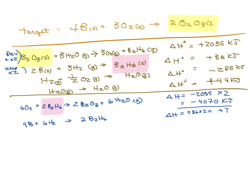 SOLVED: Calculate the enthalpy of the reaction 4B(s)+3O2(g)→2B2O3(s) given the following ...