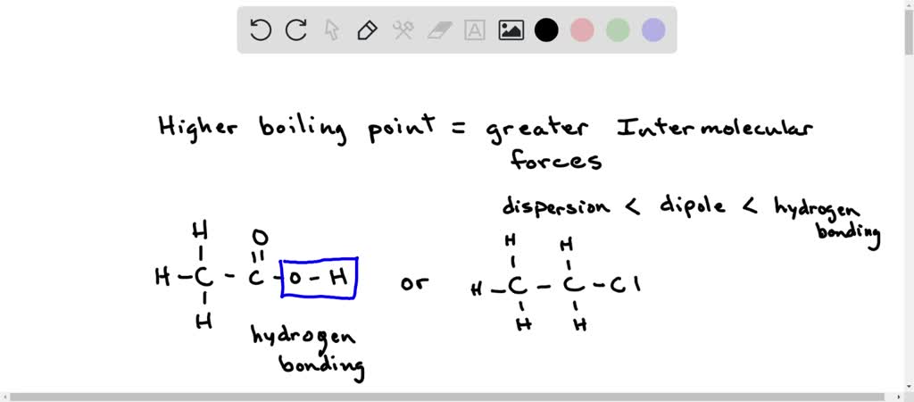 SOLVED: 14. Predict which liquid in each pair has the higher boiling point: CH3COOH or C2H5Cl ...