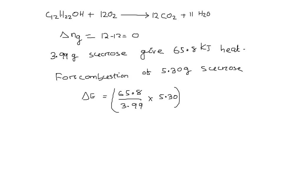 SOLVED: Combustion of C12H22O11(s) (sucrose or "table sugar") produces CO2(g) and H2O(l). When 3 ...