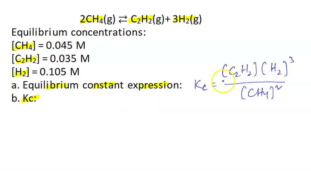 SOLVED: 2CH4(g) ⇄ C2H2(g)+ 3H2(g) Equilibrium concentrations: [CH4] = 0 ...