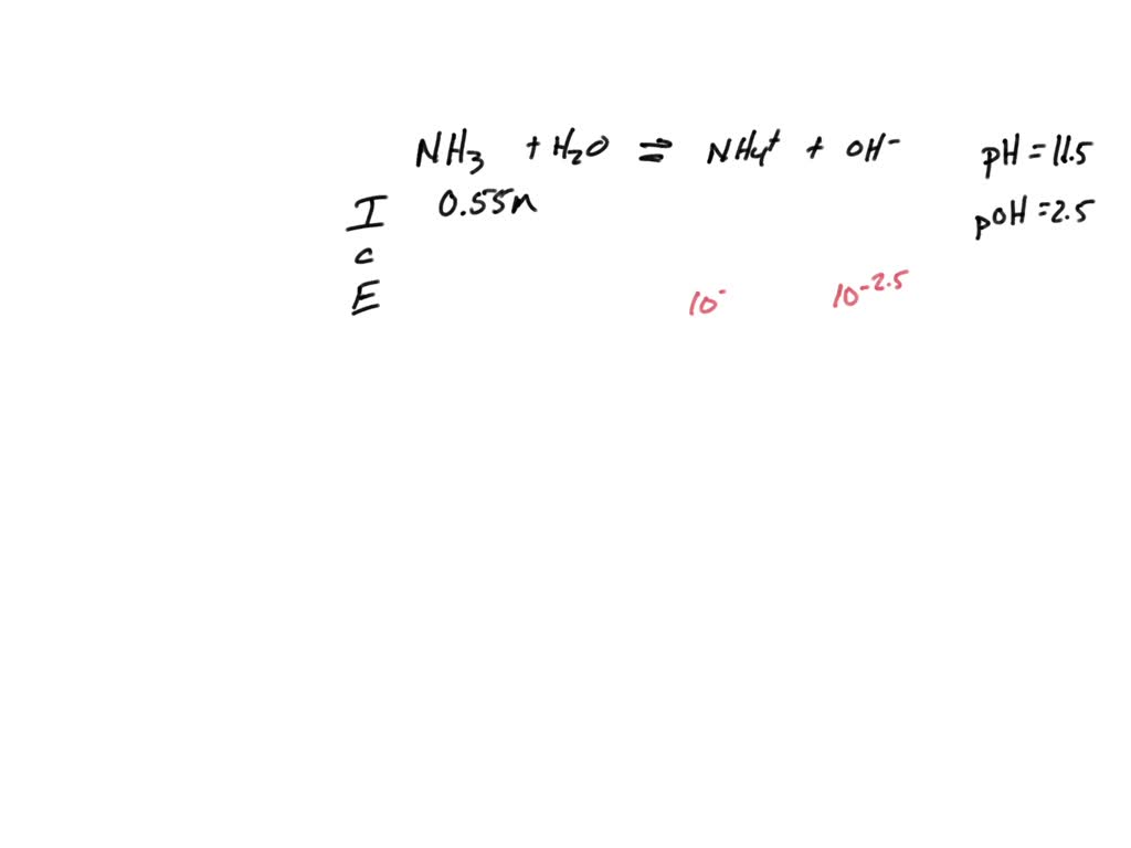 SOLVED: The ph of a 0.55 m aqueous solution ammonia, nh3, at 25.0°c is 11.50. what is the value ...