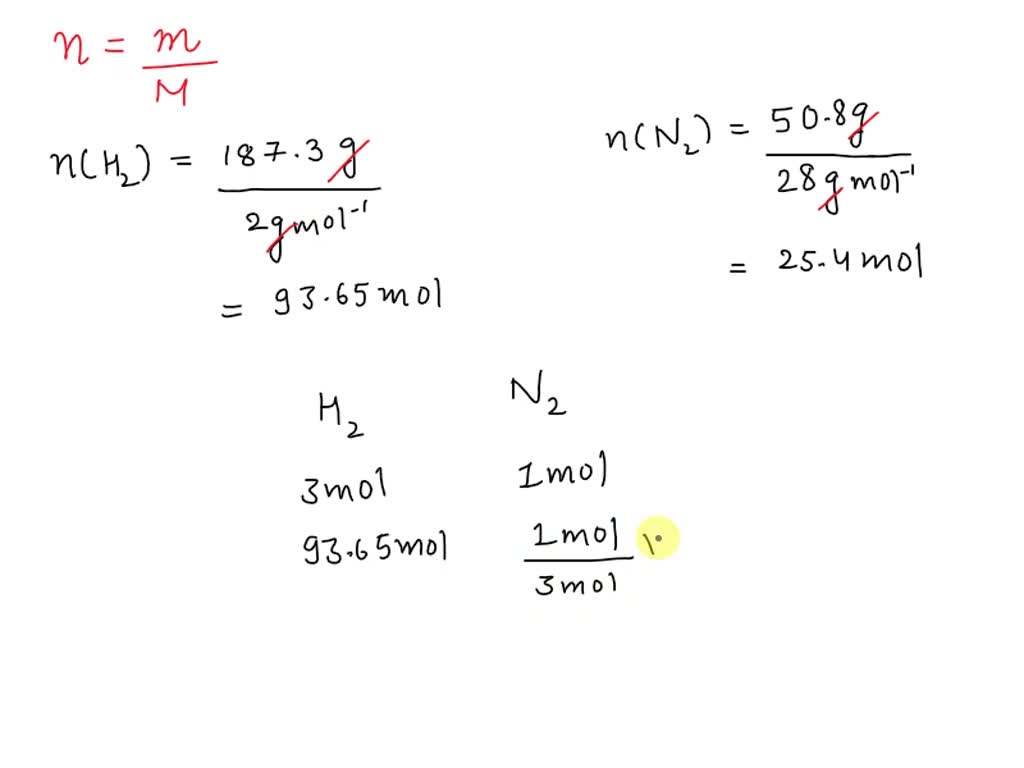 SOLVED: Given the balanced equation: 3 H2 + N2 🡪 2 NH3 , how many moles of NH3 will be produced ...