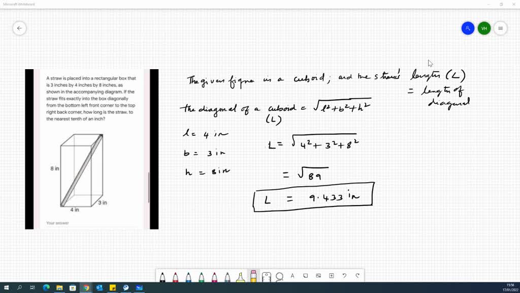 SOLVED: straw is placed into rectangular box that is 3 inches by inches by 8 inches, as shown in ...