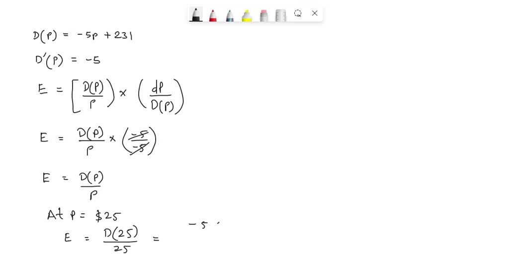 SOLVED: Suppose the demand for a product is given by D(p) = -8p + 101. A) Calculate the ...