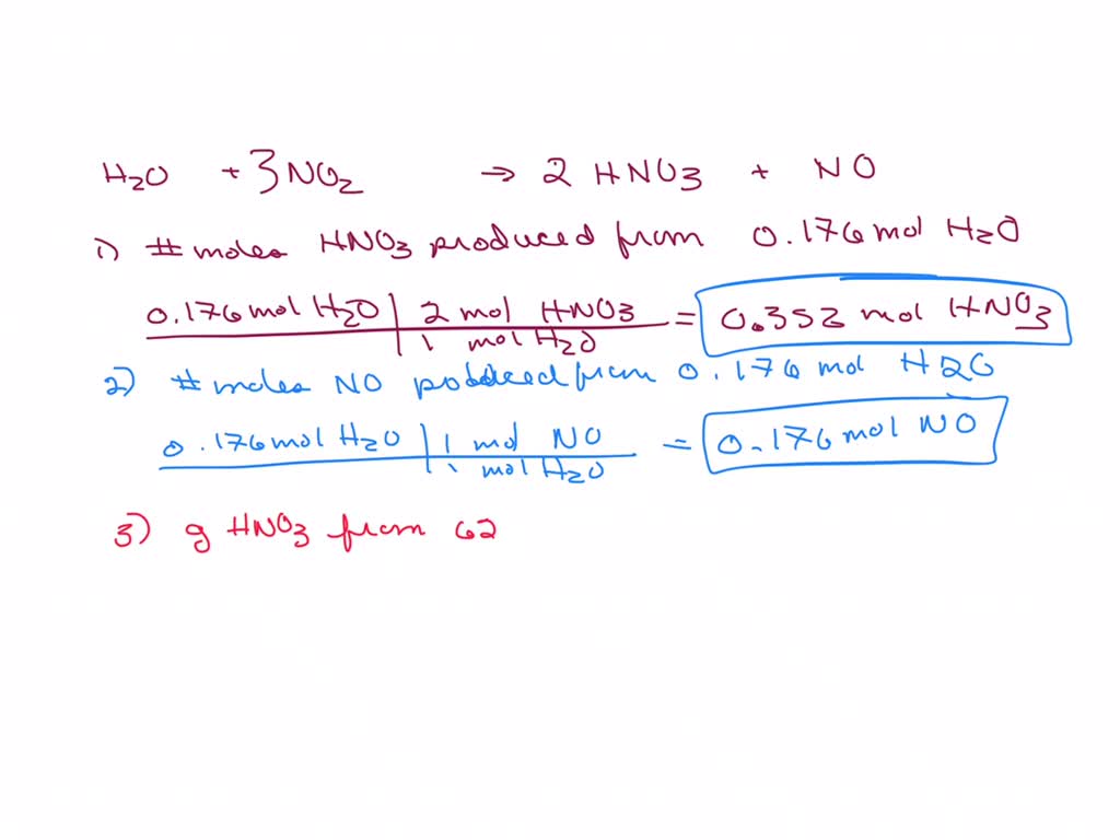 If 1.00 mole of water is produced, how many moles of HNO3 are used?
