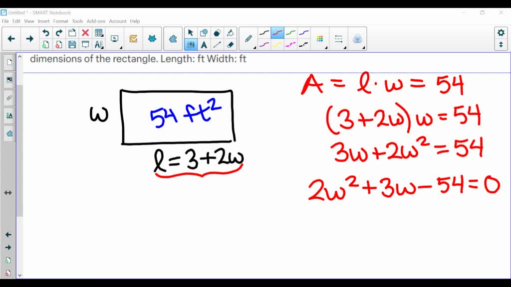 SOLVED: The length of a rectangle is 3 ft less than twice the width, and the area of the ...