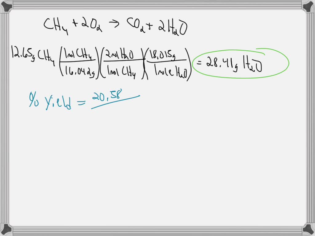 SOLVED: For the reaction shown CH4 + 2O2 → CO2 + 2H2O a) If 12.65 g of ...