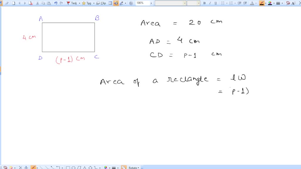The area of the rectangle is 20 cmÂ². What is p in centimeters (cm)? 4 ...