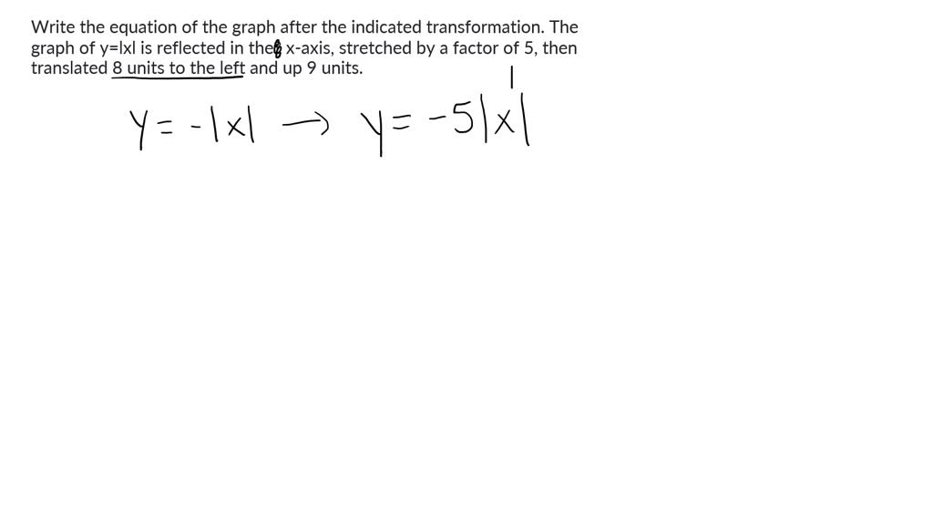 SOLVED: Write the equation of the graph after the indicated transformation. The graph of y=lxl ...