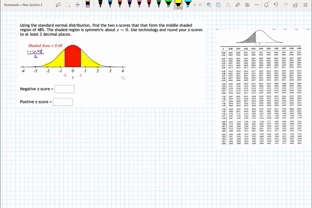 SOLVED: Using the standard normal distribution, find the two Z-scores that that form the middle ...