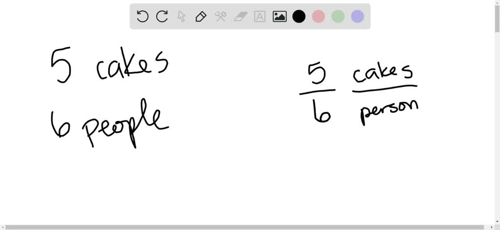SOLVED: 5 cakes are shared equally between 6 people. what fraction of a ...