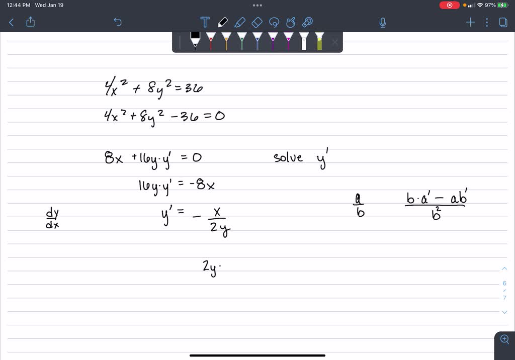 SOLVED: Find the second derivative of y with respect to x of the equation 4x^2 + 8y^2 = 36. Show ...