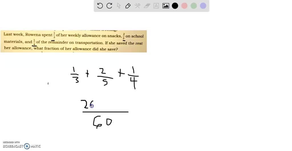 SOLVED: 1.) Adrian spent 5/8 of his weekly allowance. Three-fifths of ...