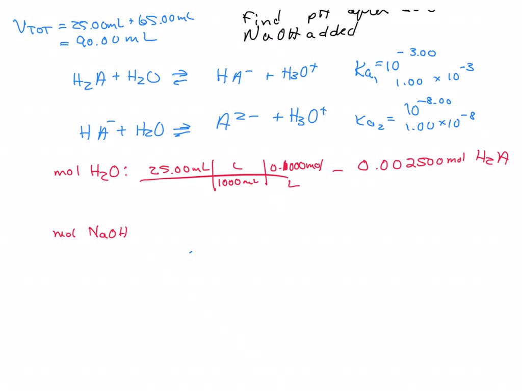 SOLVED: A diprotic acid, H2A, has pKa1 = 3.00 and pKa2 = 8.00. 25.00 mL of a 0.1000 M solution ...